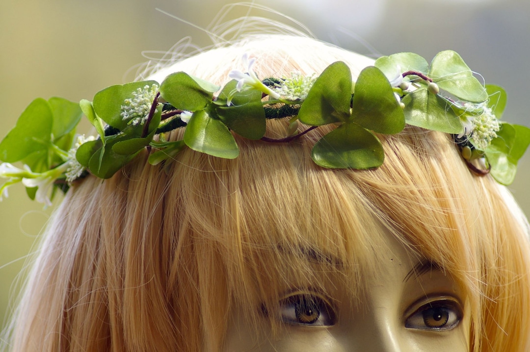 St. Patricks Irish 19" CROWN Halo Ivory Silk Rose and Green Clover ...