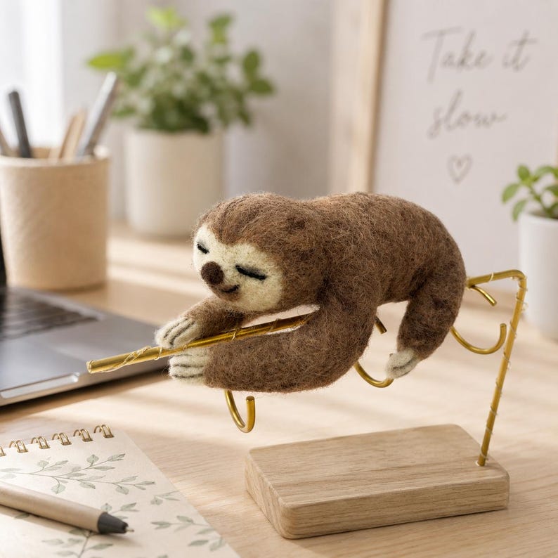 Handmade Needle Felted Sloth Figurine, Wool Animal Sculpture, Desk ...