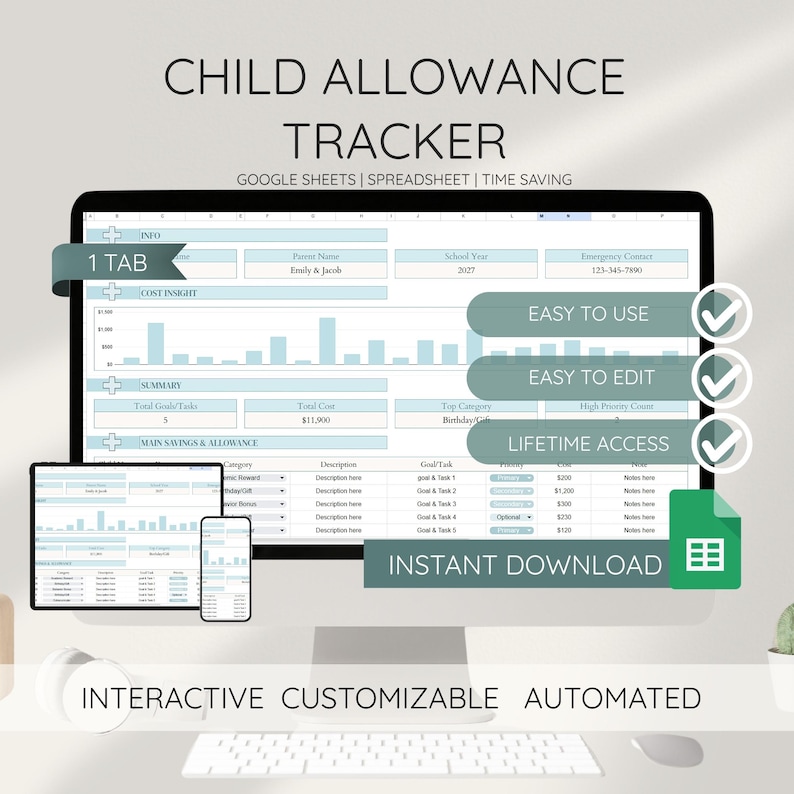 Child Allowance Tracker Google Sheets Spreadsheet Kids Money Manager ...