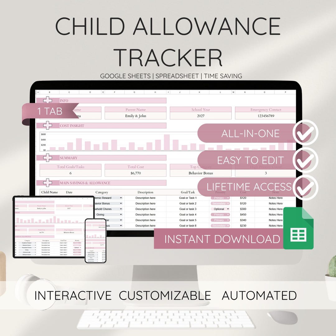 Child Allowance Tracker Google Sheets Spreadsheet Kids Money Manager ...
