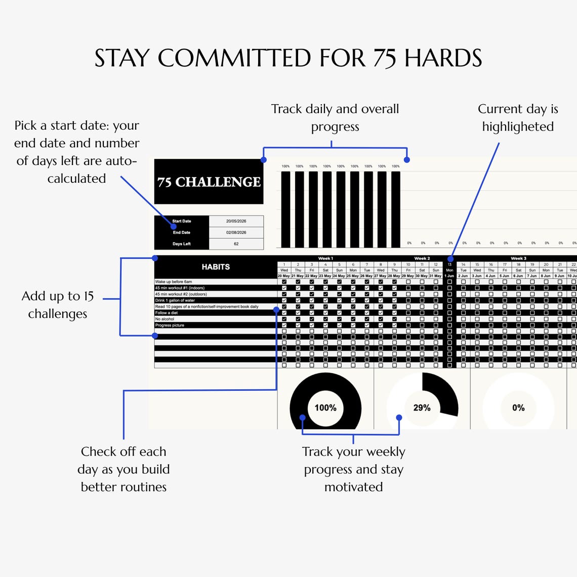 75 Hard Challenge Tracker Google Sheets Template Habit Tracker Daily ...