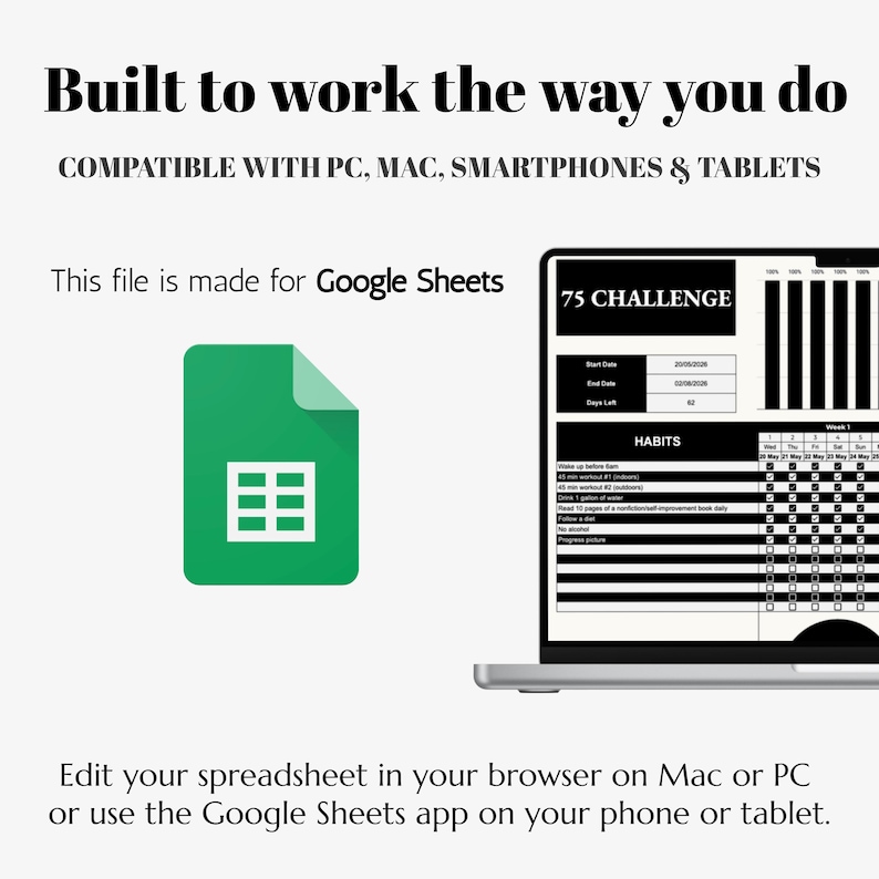 75 Hard Challenge Tracker Google Sheets Template Habit Tracker Daily ...