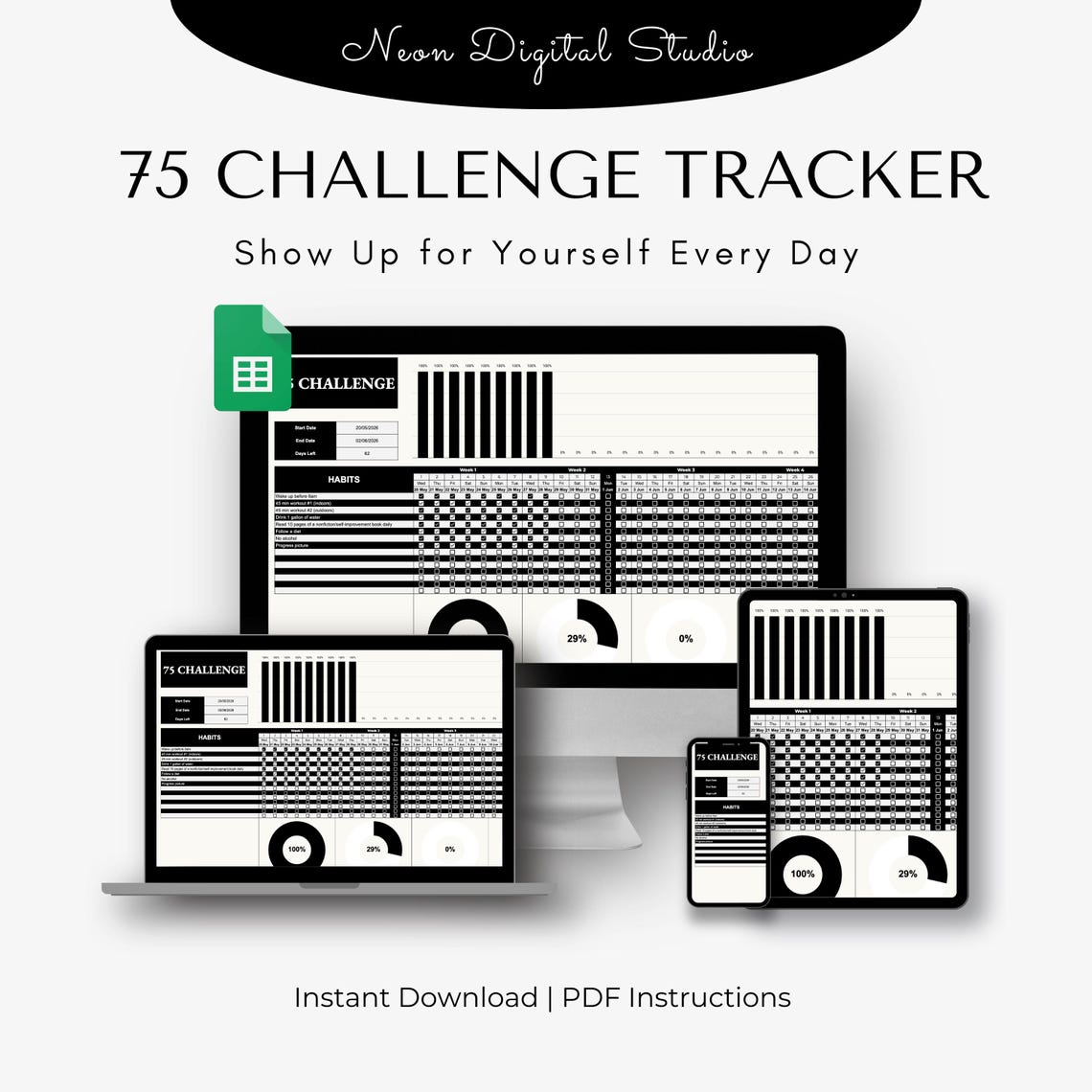 75 Hard Challenge Tracker Google Sheets Template Habit Tracker Daily ...