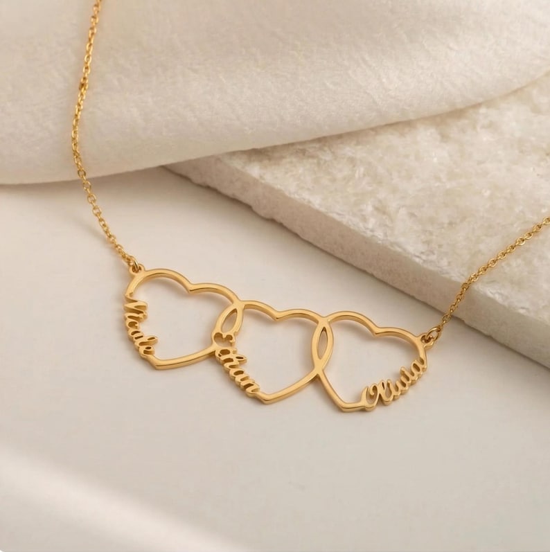 Family Name Necklace With Heart, Multiple Hearts Necklace, Kids Names ...