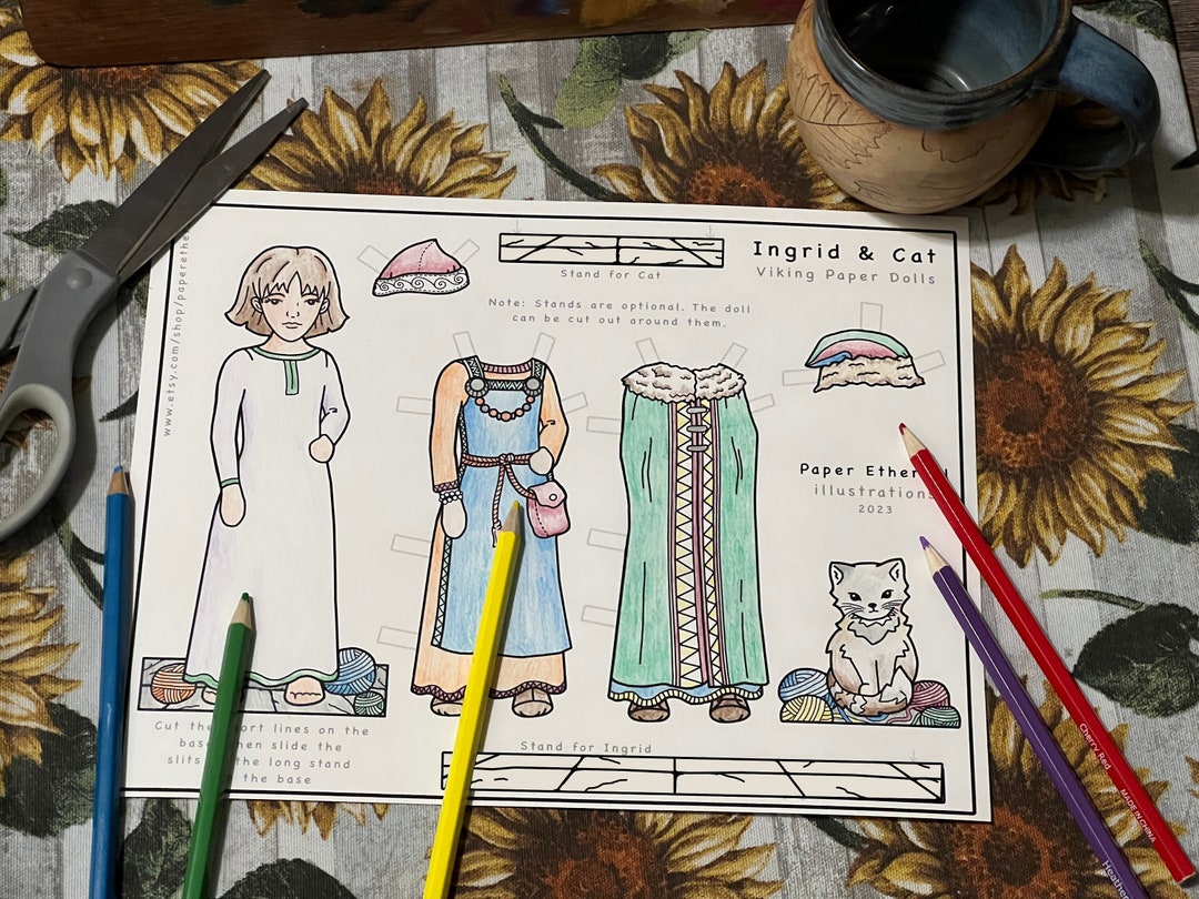 Viking Paper Doll Printable, Ingrid and Pet Cat, Coloring Page, Pretend ...