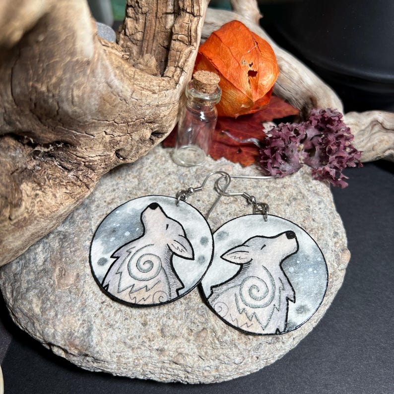 Wolf and Moon Earrings, Spirit Animal Jewelry, Whimsical Jewelry, Light ...