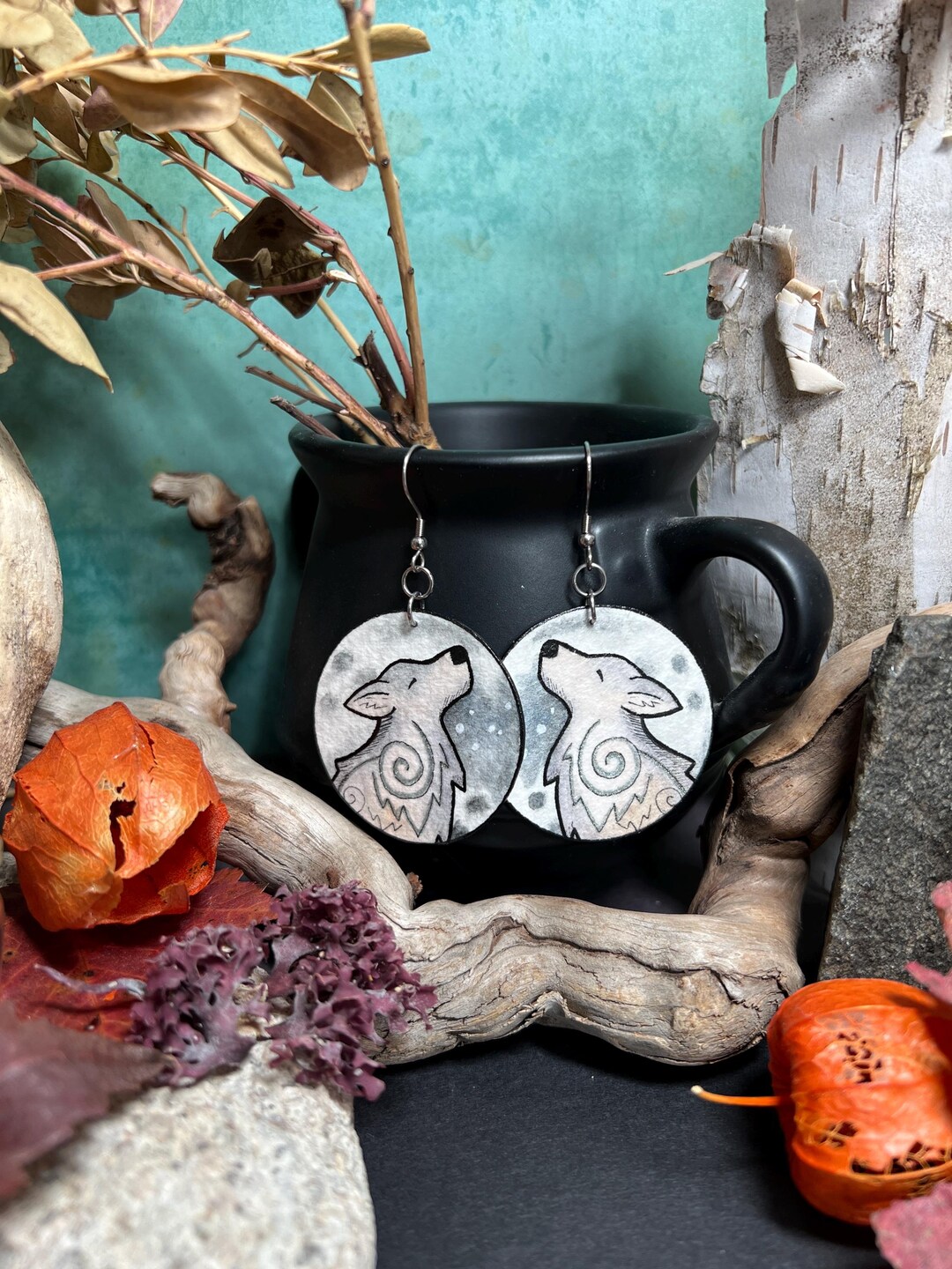 Wolf and Moon Earrings, Spirit Animal Jewelry, Whimsical Jewelry, Light ...
