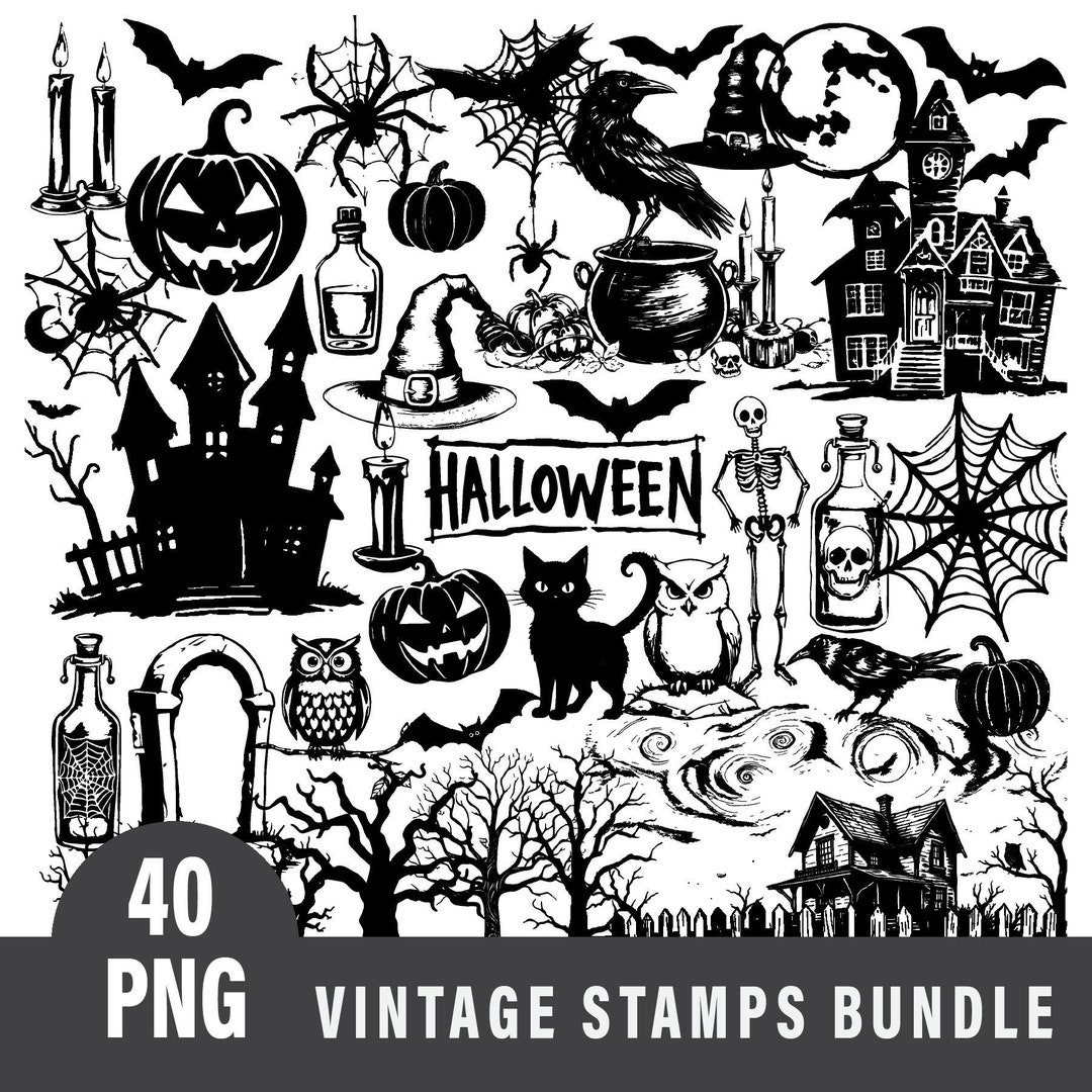 Vintage Halloween Clipart PNG Bundle of Black Stamps | Commercial Use ...