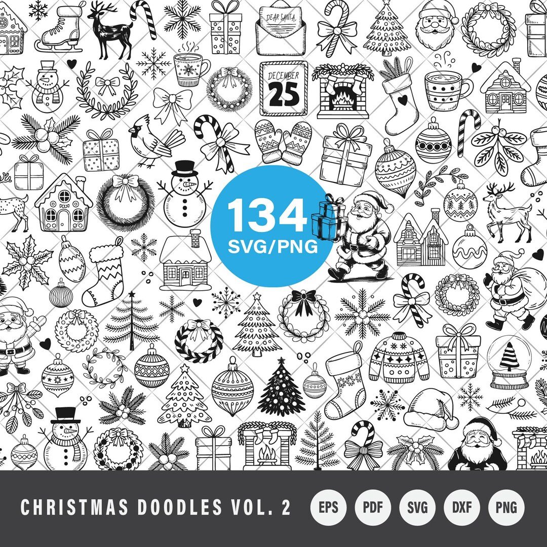 134 Christmas Winter Doodles Digital SVG Vector Line Art Bundle ...