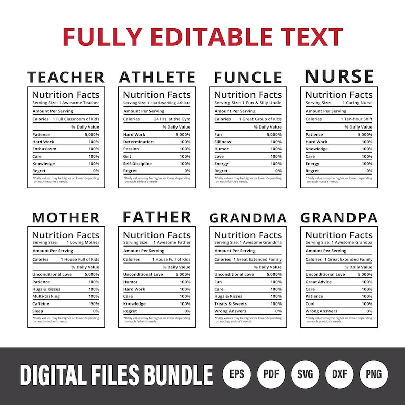 Editable Nutrition Facts Labels Template Set | Funny T-shirt Sayings ...
