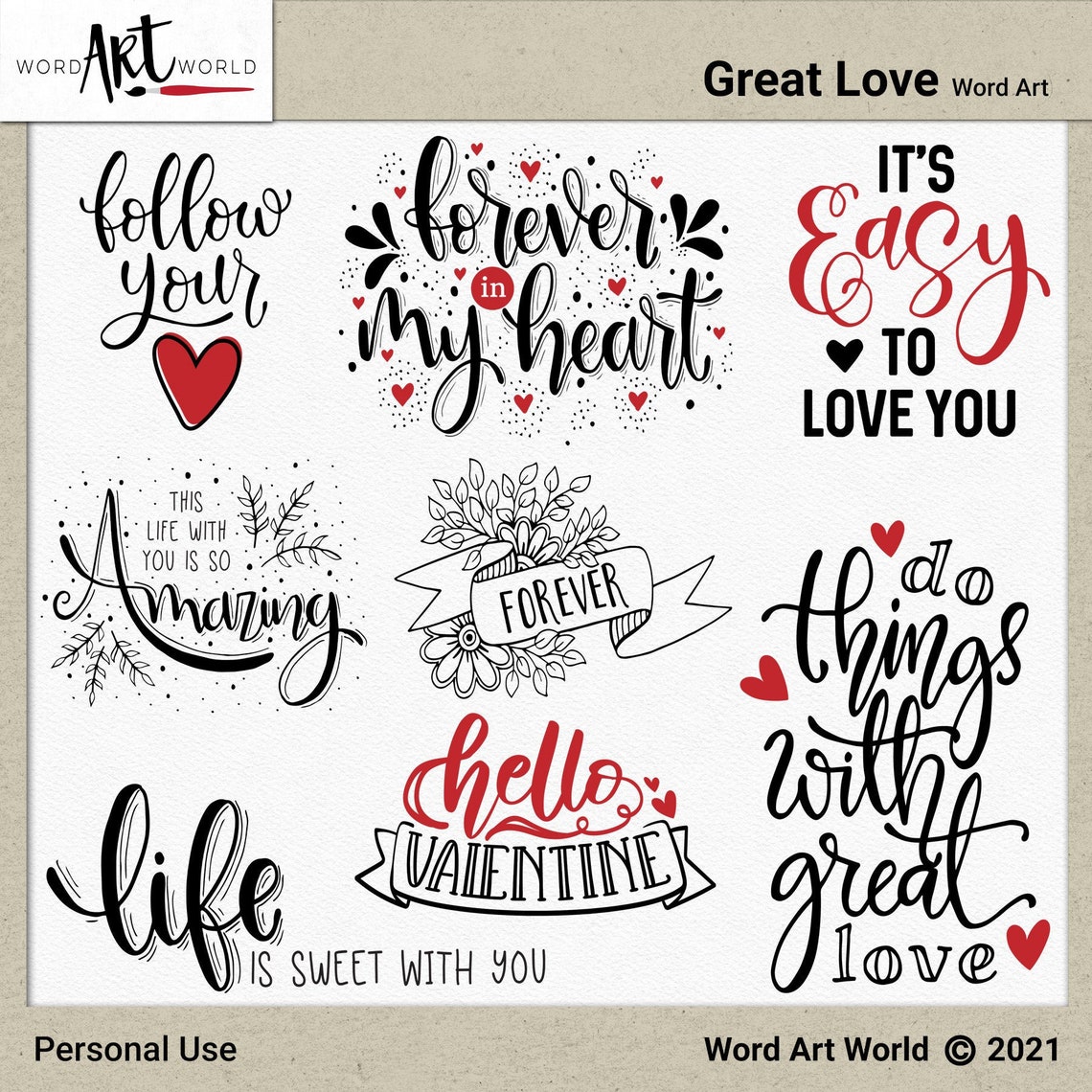 Digital and Printable Overlay Word Art Set Instant Download Great Love ...