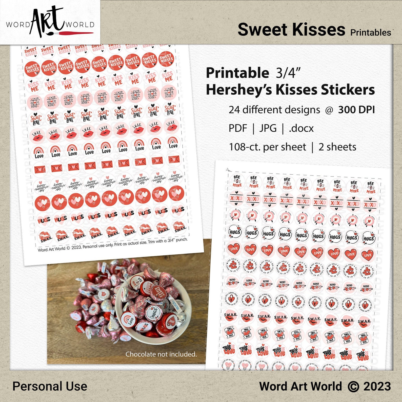 Valentine's Day Hershey's Kisses Labels Digital and Printable Stickers ...