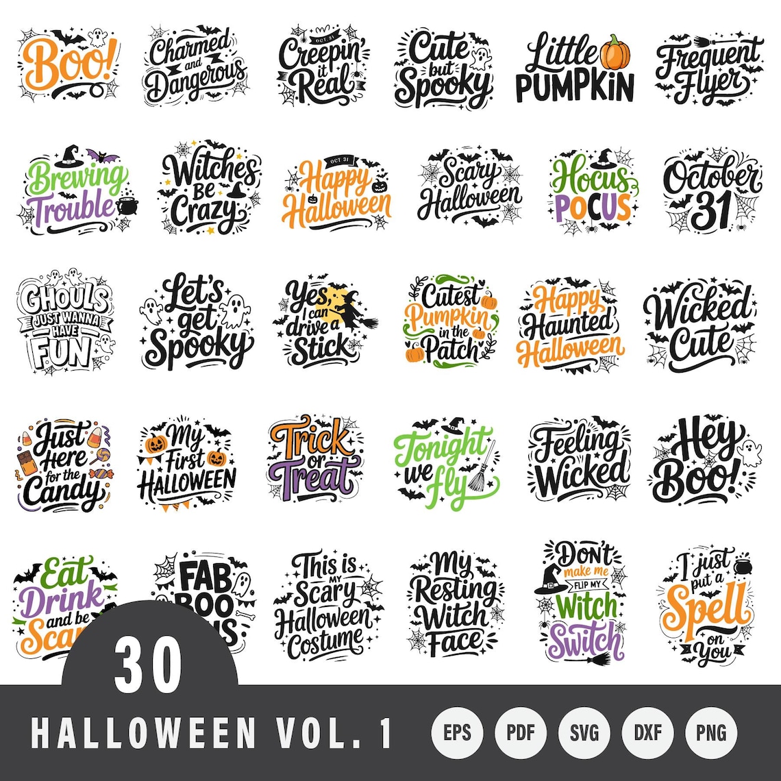 30 Halloween Funny Clipart Quotes SVG Vector Bundle Set | Commercial ...