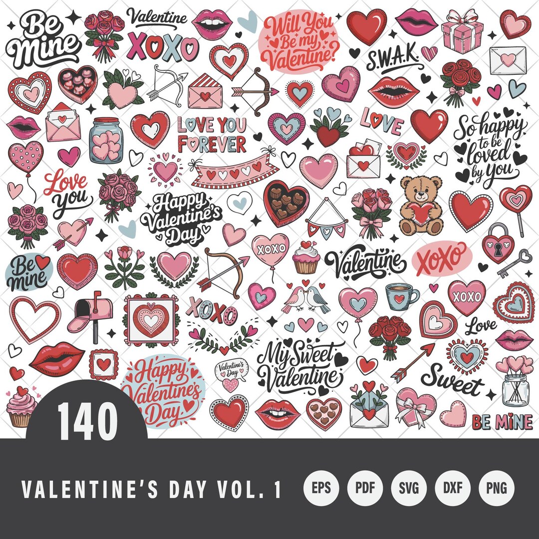 Valentine's Day Clip Art Lettering SVG Vector Doodle Bundle | Hand ...
