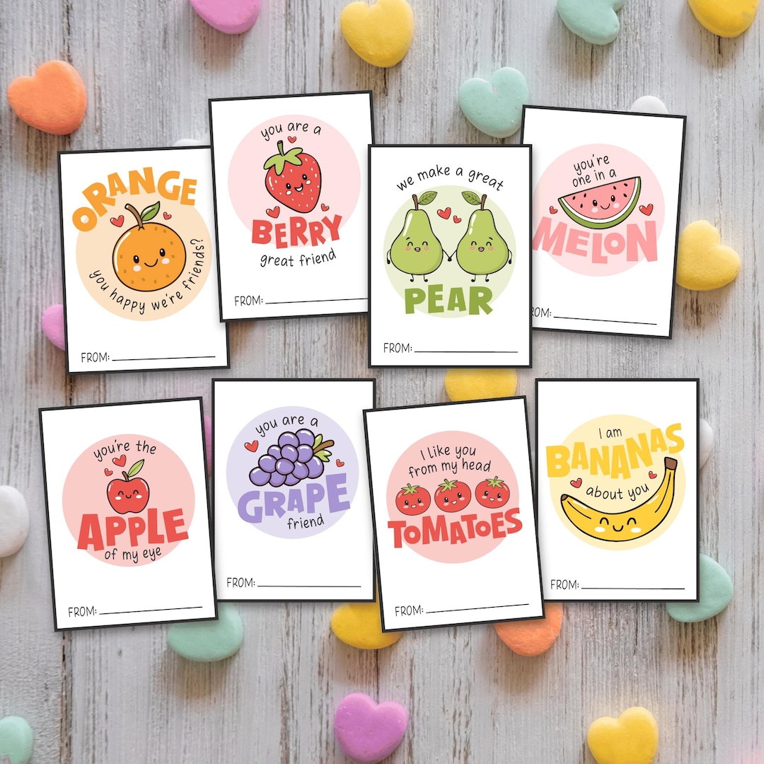Kids' Printable Valentine's Day Cards With Cute Fruit | 2.75" X 3.75 ...
