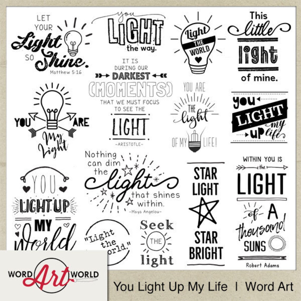 Digital and Printable Overlay Word Art Set Instant Download You Light ...