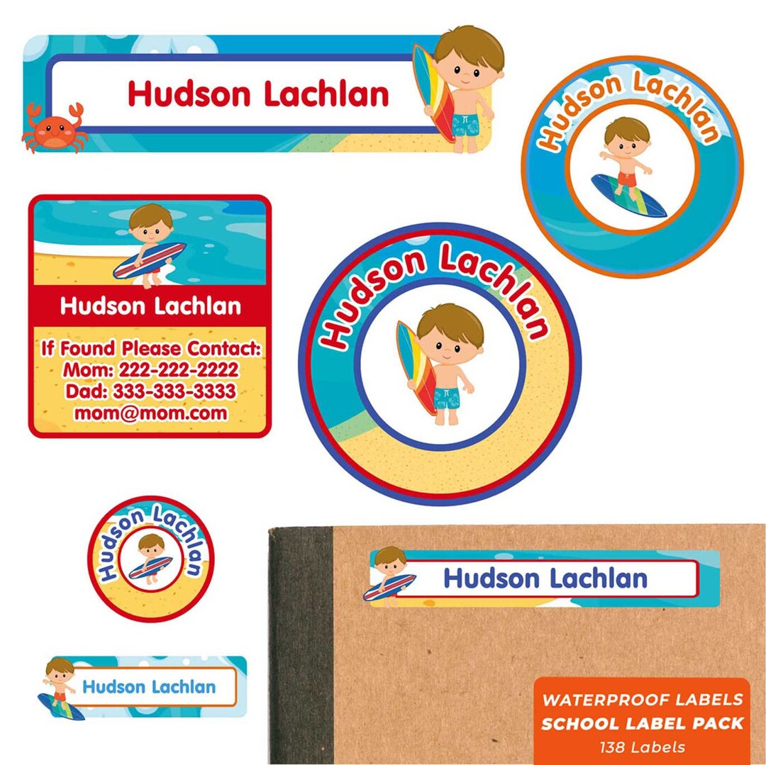 School Name Label Pack Beach Boy pick Hair/skin Color - Etsy