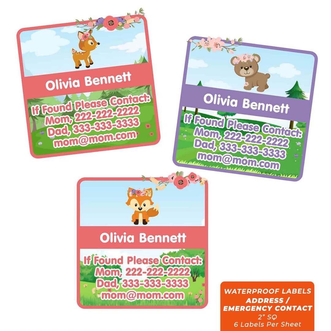 Emergency Contact Stickers, Forest Friends (coral) - Etsy