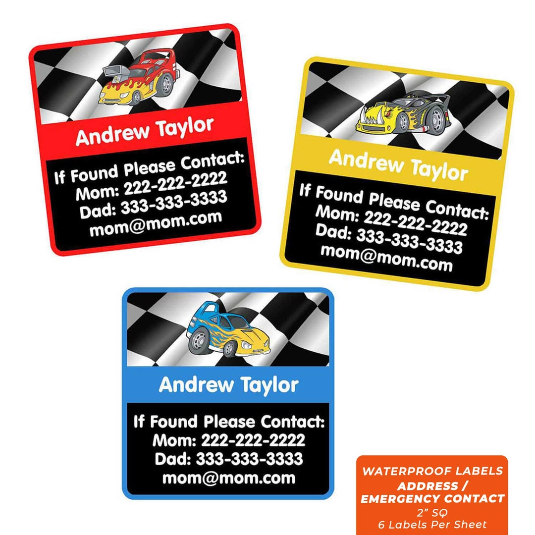 Emergency Contact Stickers, Race Cars - Etsy