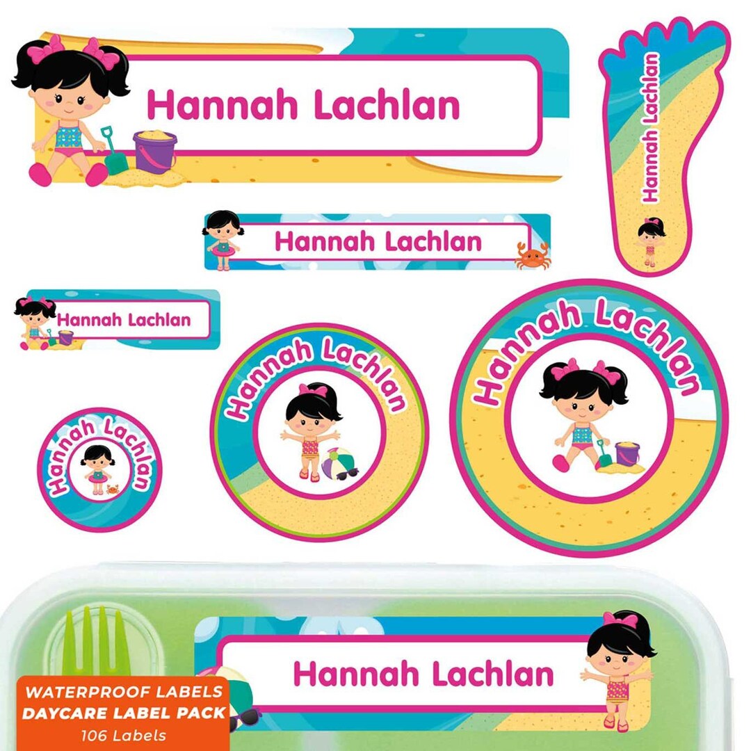 Daycare Label Pack, Name Labels for Daycare, Beach Girl (pick Hair/skin ...