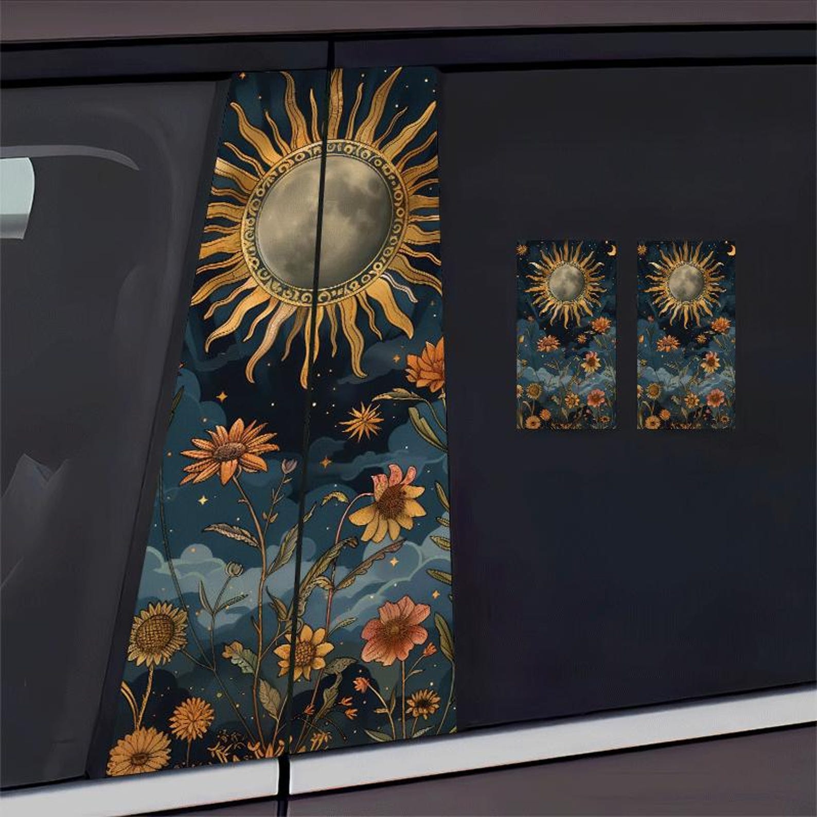 Boho Sun Moon Car Window B Pillar Decal, Vintage Floral Witchy Car ...