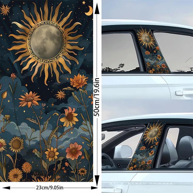 Boho Sun Moon Car Window B Pillar Decal, Vintage Floral Witchy Car ...