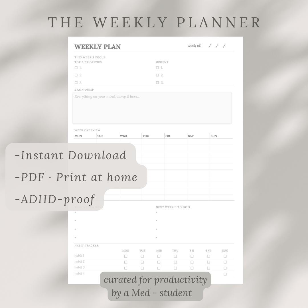 ADHD Weekly Planner Printable | Minimalist Student Habit Tracker (PDF ...