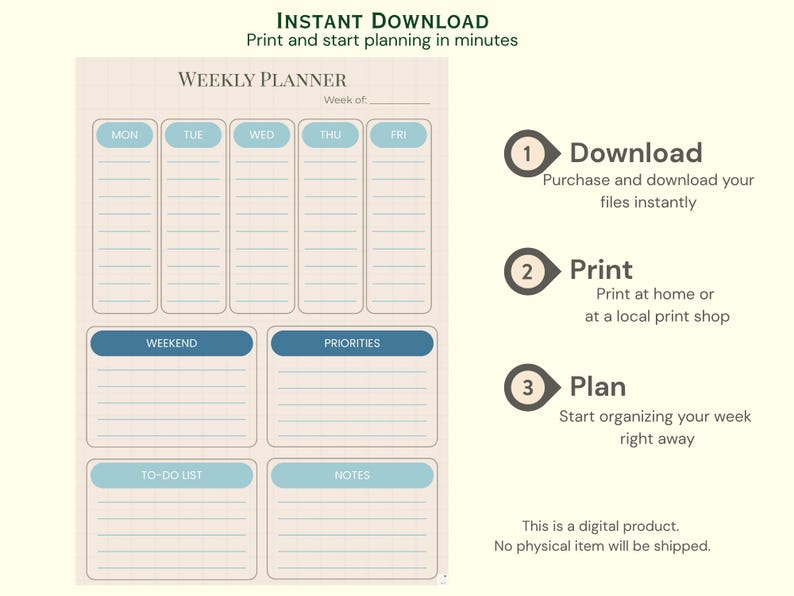 Neutral Weekly Planner Printable, Minimal Weekly Layout PDF, A4 A5 A3 ...
