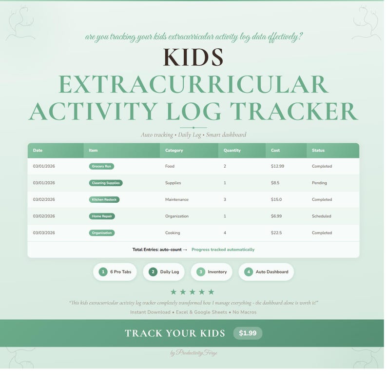 Kids Extracurricular Activity Log | After School Planner Spreadsheet ...