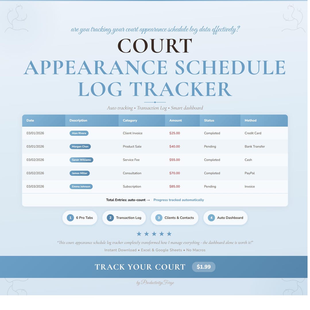 Printable Court Appearance Log Tracker | Professional Spreadsheet ...