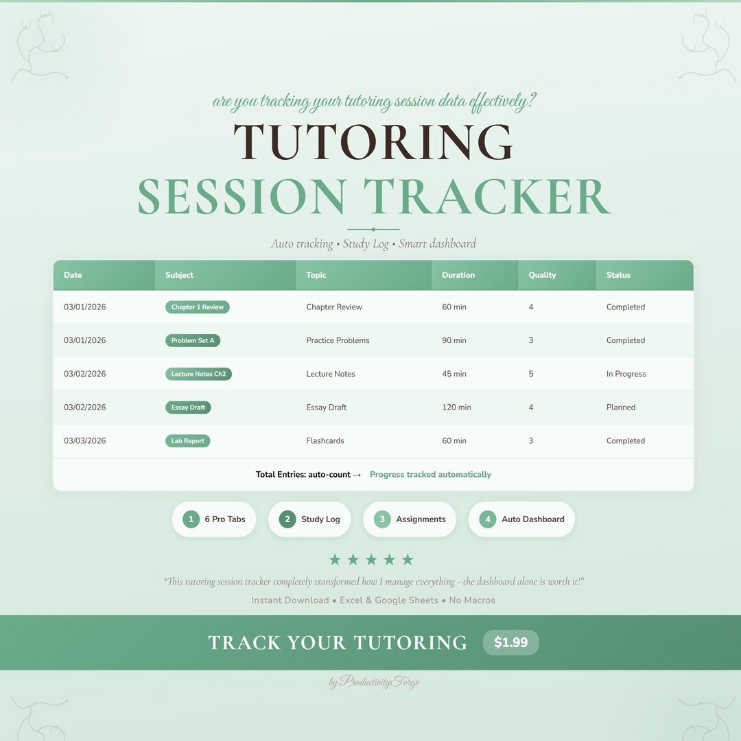 Tutoring Session Tracker | Google Sheets Excel Spreadsheet Study ...