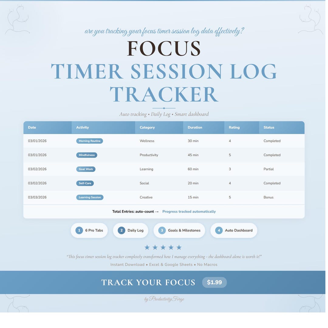 Focus Timer Session Log Spreadsheet Tracker Personal Development Google ...
