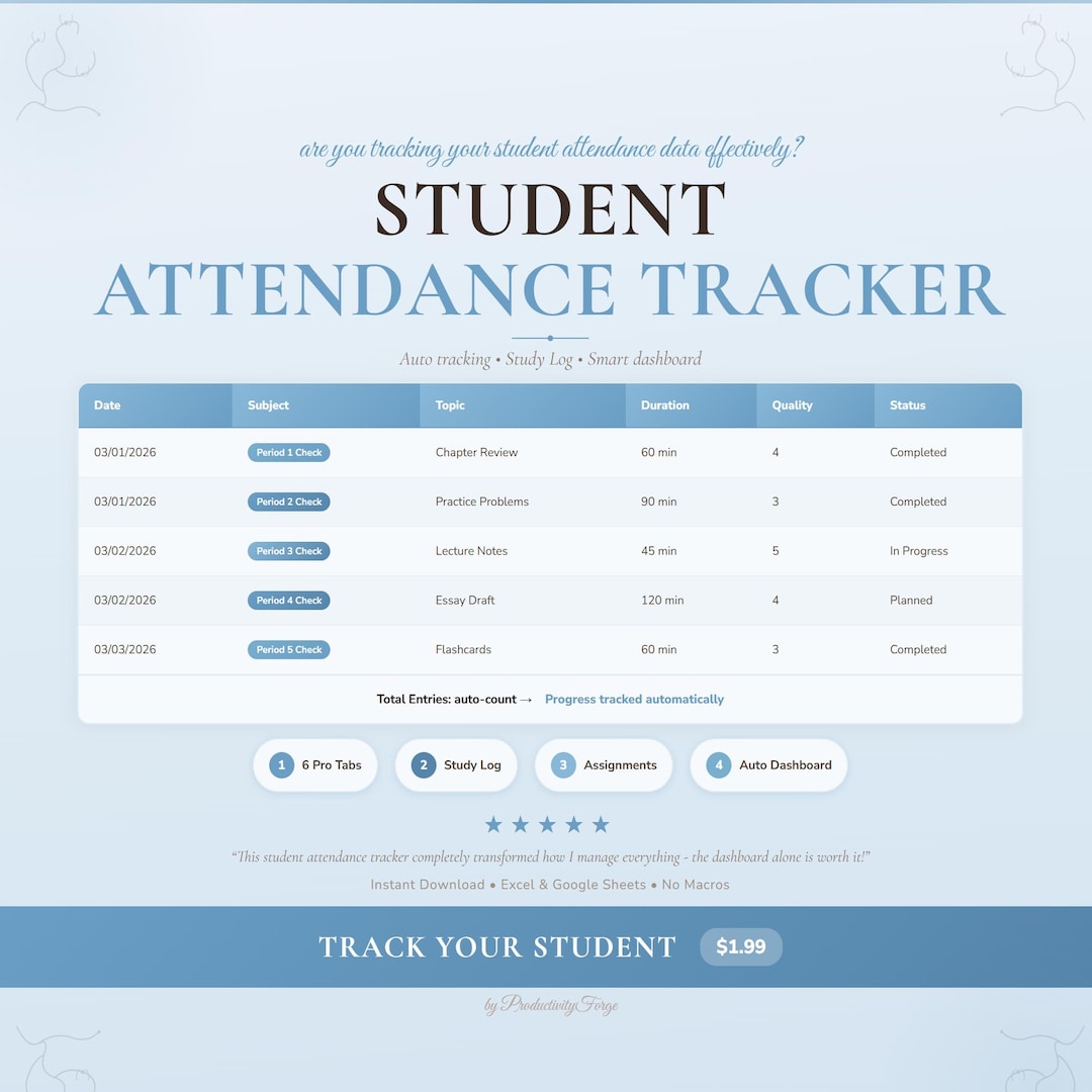 Student Attendance Tracker Spreadsheet Google Sheets Excel Study ...