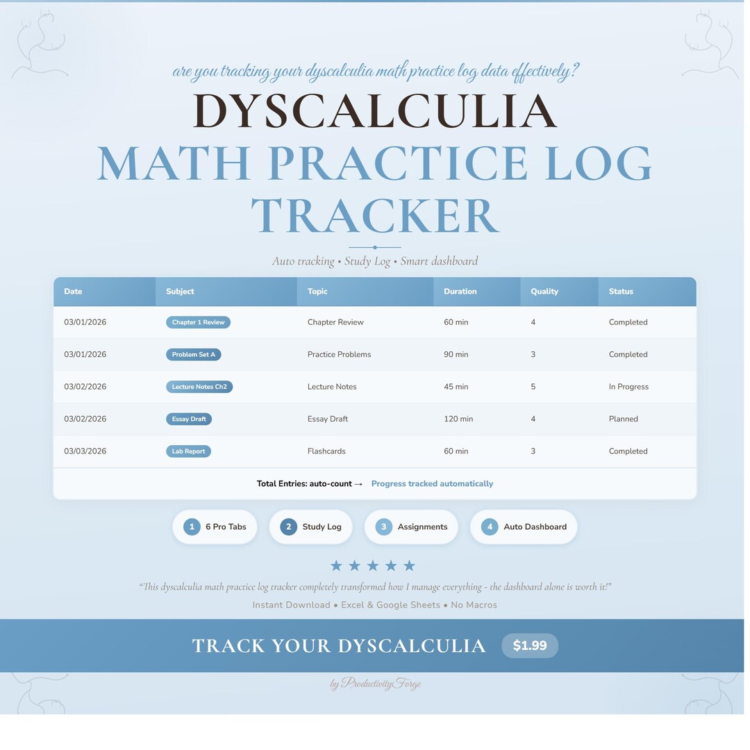 Dyscalculia Math Practice Log Tracker | Google Sheets Excel Spreadsheet ...