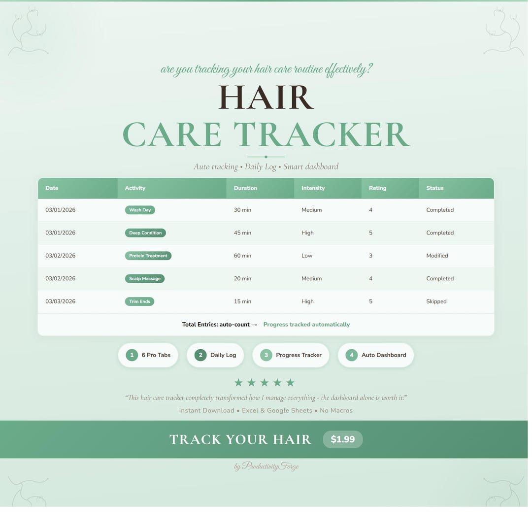 Hair Care Tracker Spreadsheet Google Sheets Excel Health Beauty Routine ...