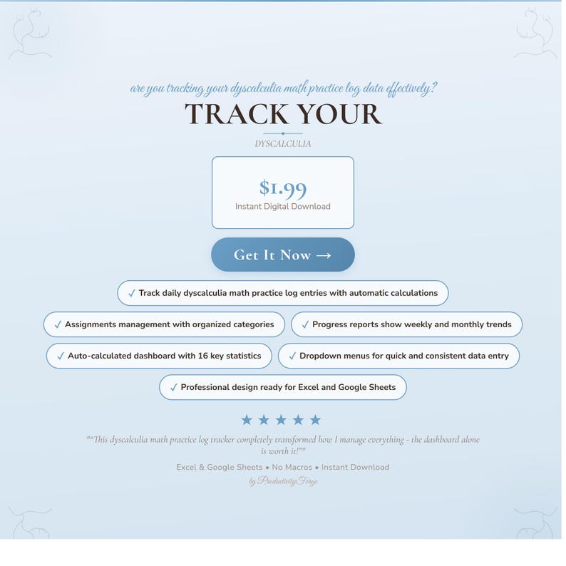 Dyscalculia Math Practice Log Tracker | Google Sheets Excel Spreadsheet ...