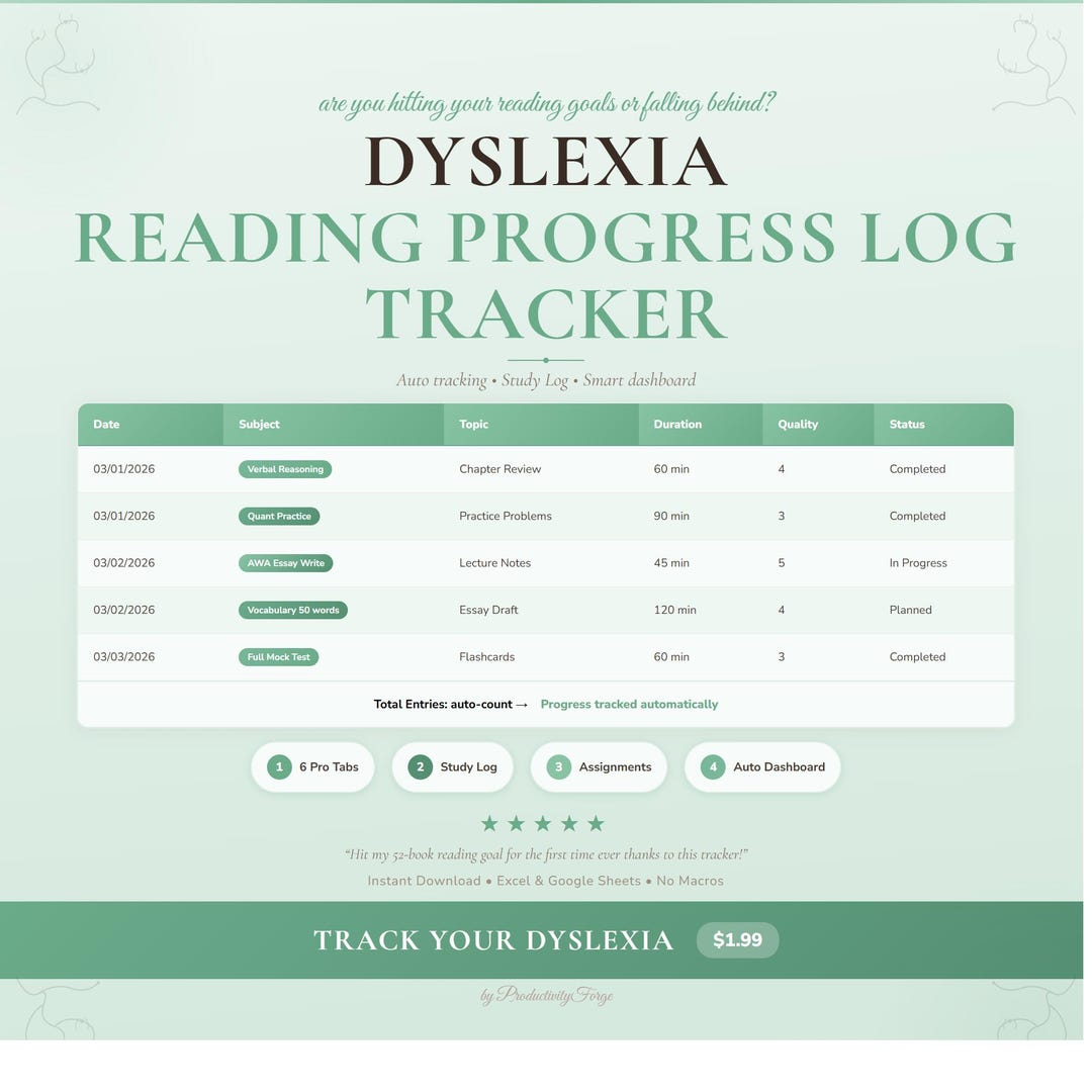 Dyslexia Reading Tracker Spreadsheet: Book Log, Study Dashboard (excel ...