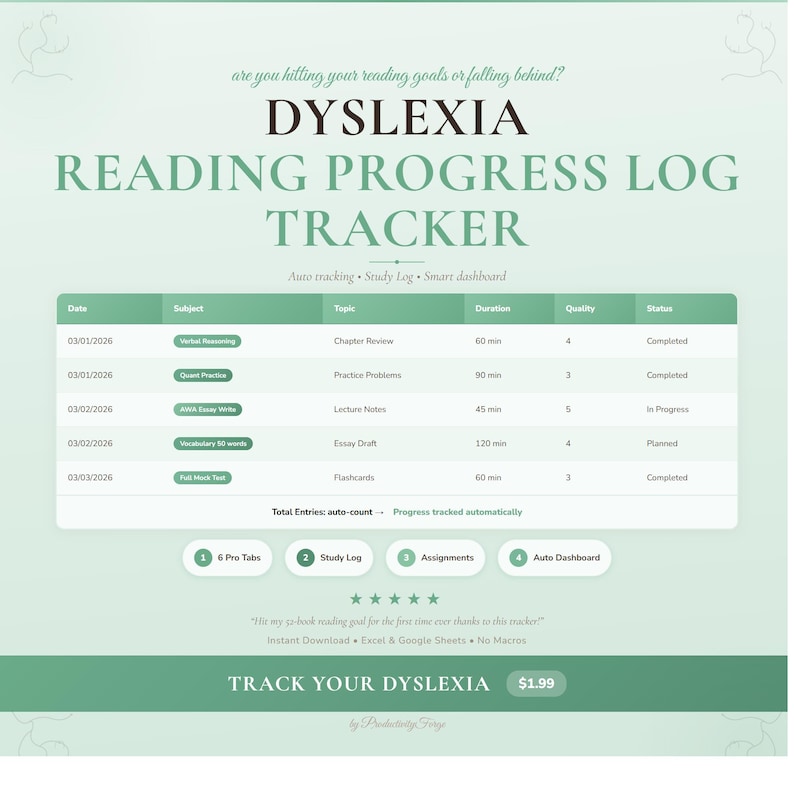 Dyslexia Reading Tracker Tabelle: Book Log, Studie Dashboard (Excel ...