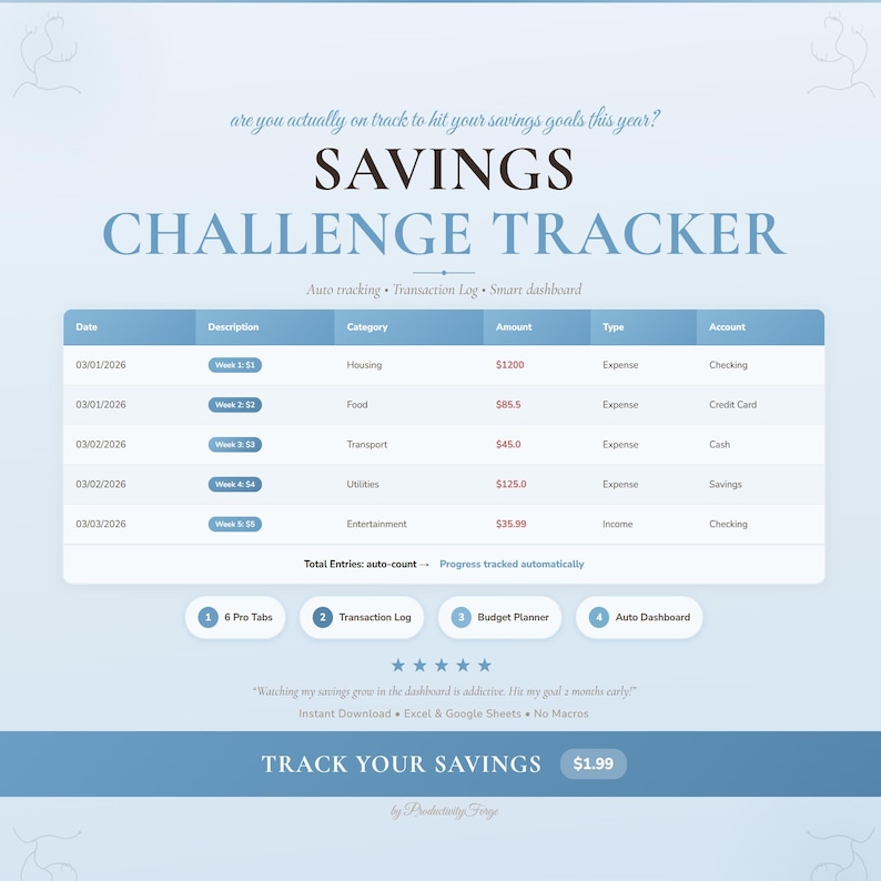 Savings Challenge Tracker Spreadsheet Google Sheets Excel Savings Goal ...