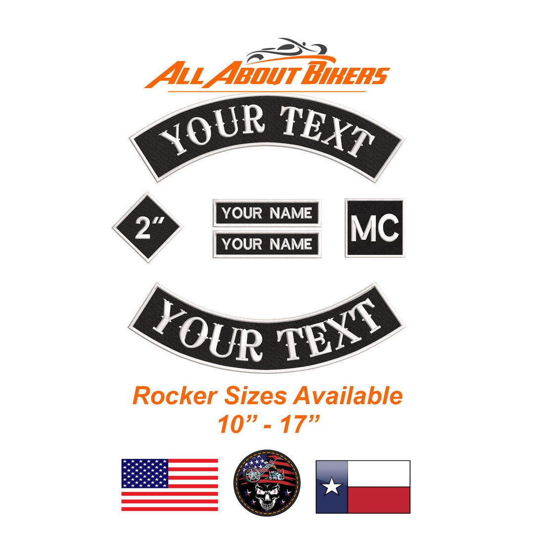 6 Pc. Custom Biker Patch Set. Top & Bottom Rocker, 2 Name Tags, W 2 ...