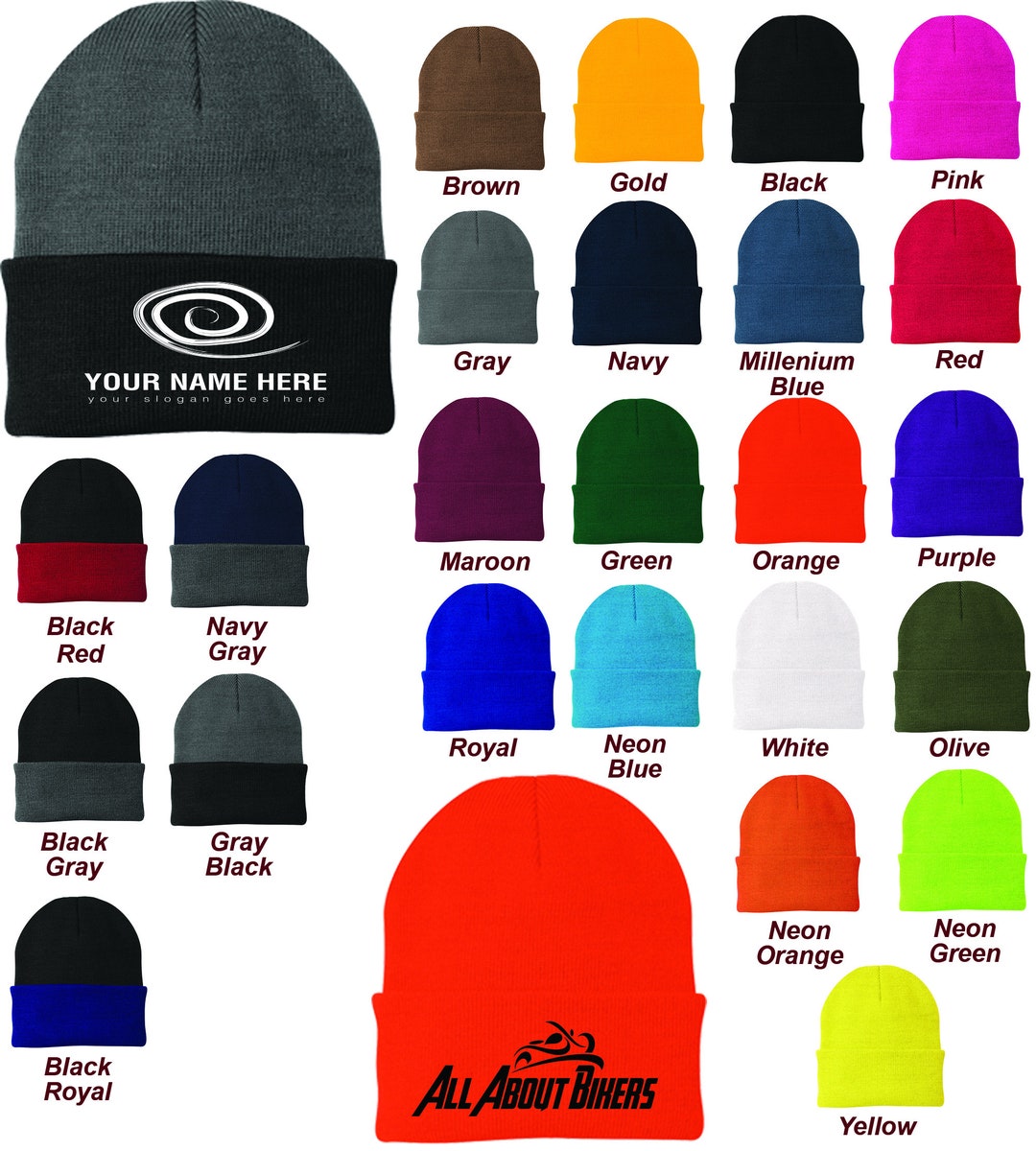 Bulk Wholesale 24 Custom Embroidered Cuffed Gold Beanies Personalize ...