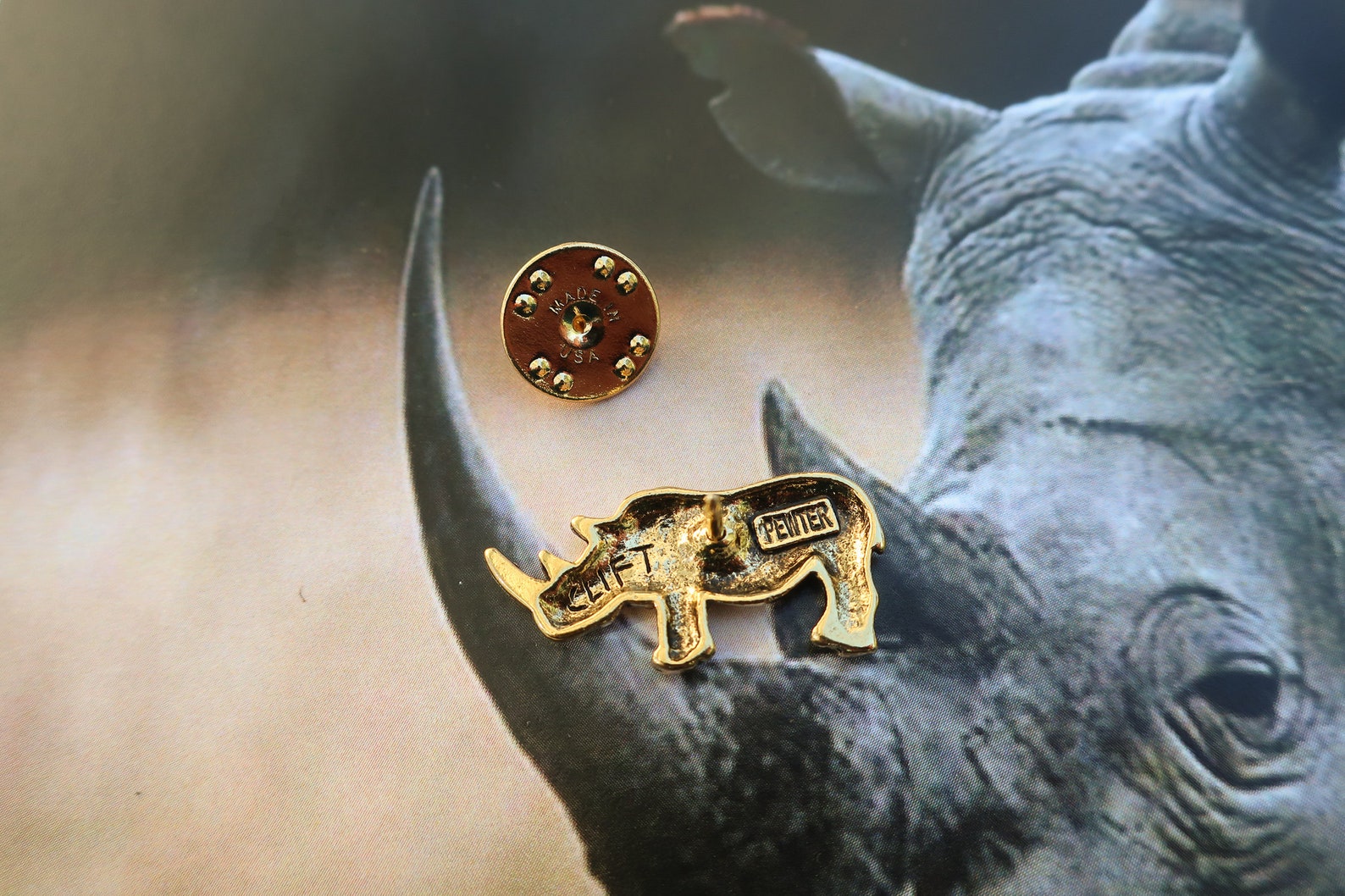 Rhinoceros Gold Dipped Pewter Lapel Pin - CC251G- Black Rhino, White ...