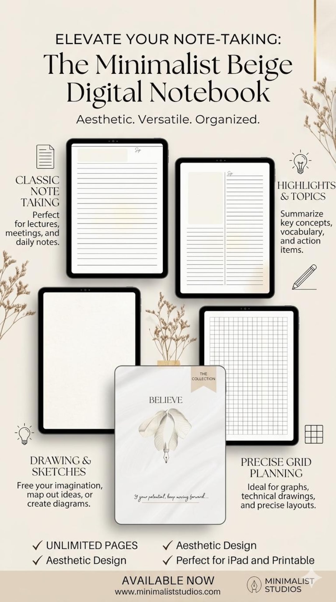 College/school Minimalist Digital Notebook Hyperlinked Topics| Lined ...