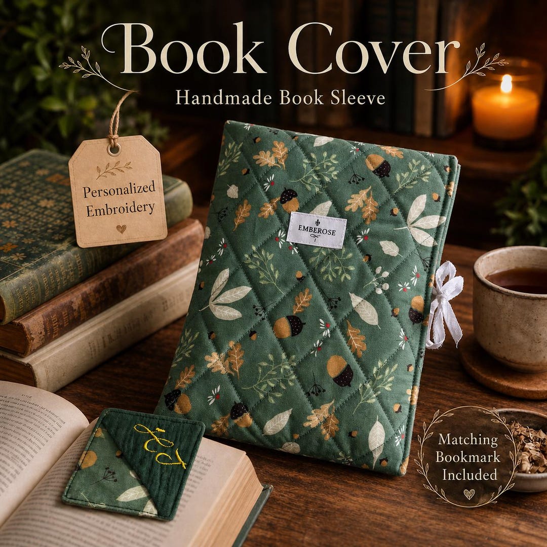 Padded Quilted Book Sleeve With Bookmark, Cotton Cover Protector ...