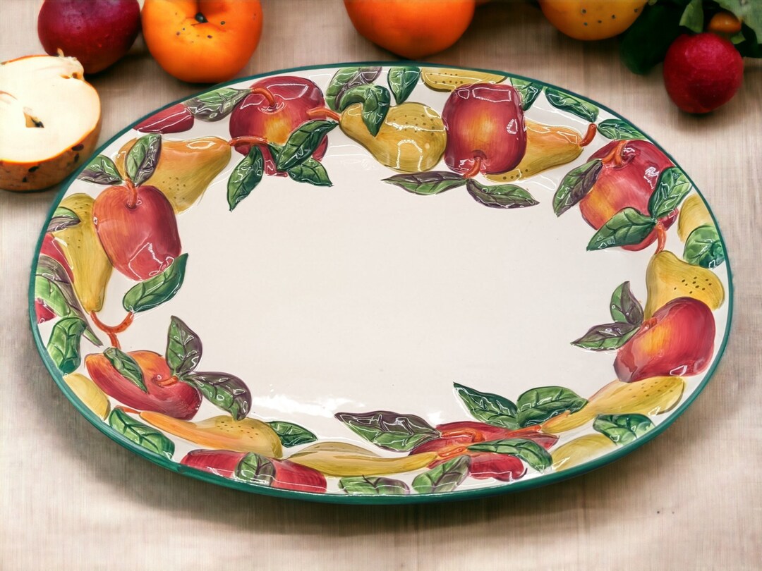 Vintage Colorful Apples and Pears Extra Large Platter Meticulously Hand Painted Crafted in 2002 ...