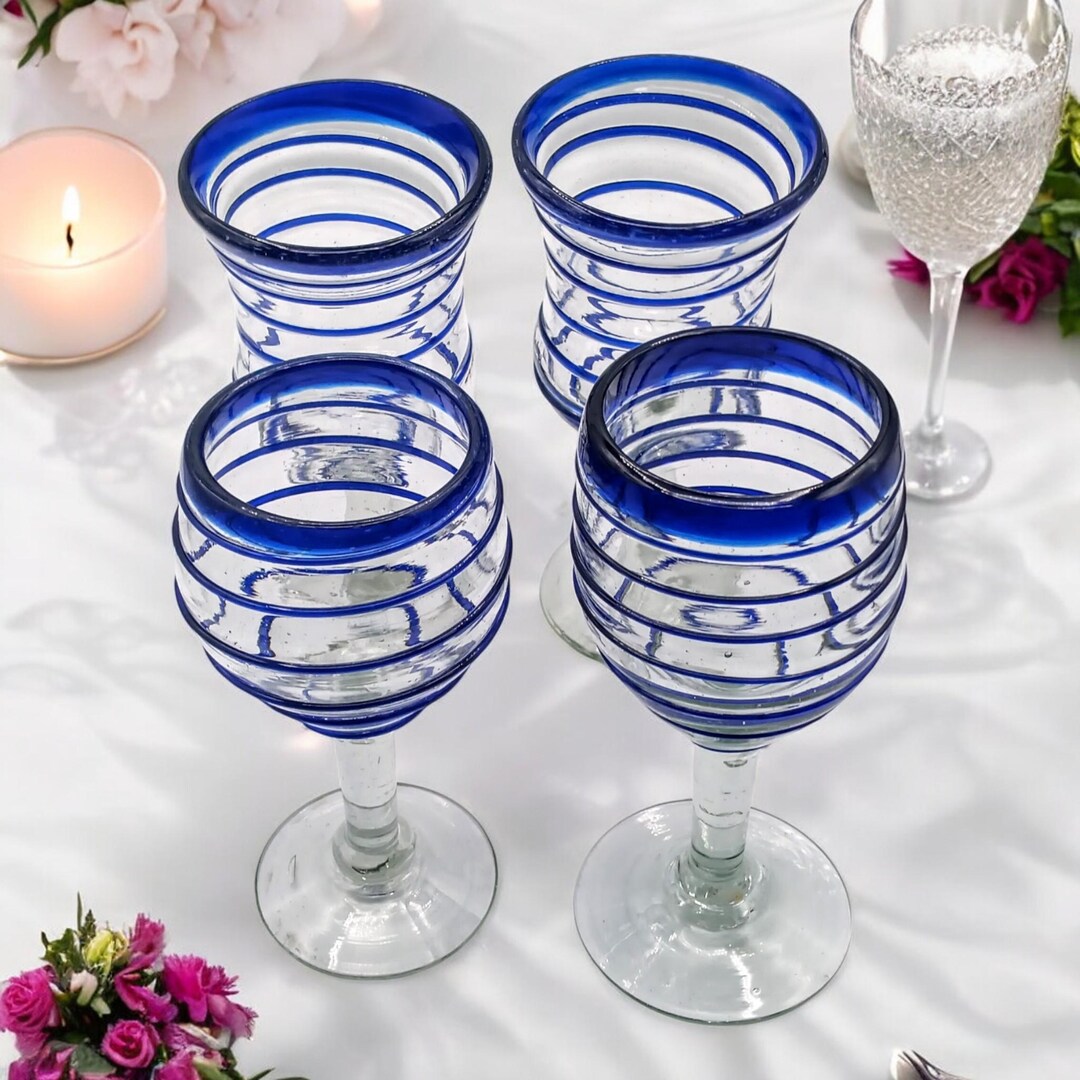 SET OF 4 Each Unique Art Glass Wine Goblets Two Styles Cobalt Blue ...