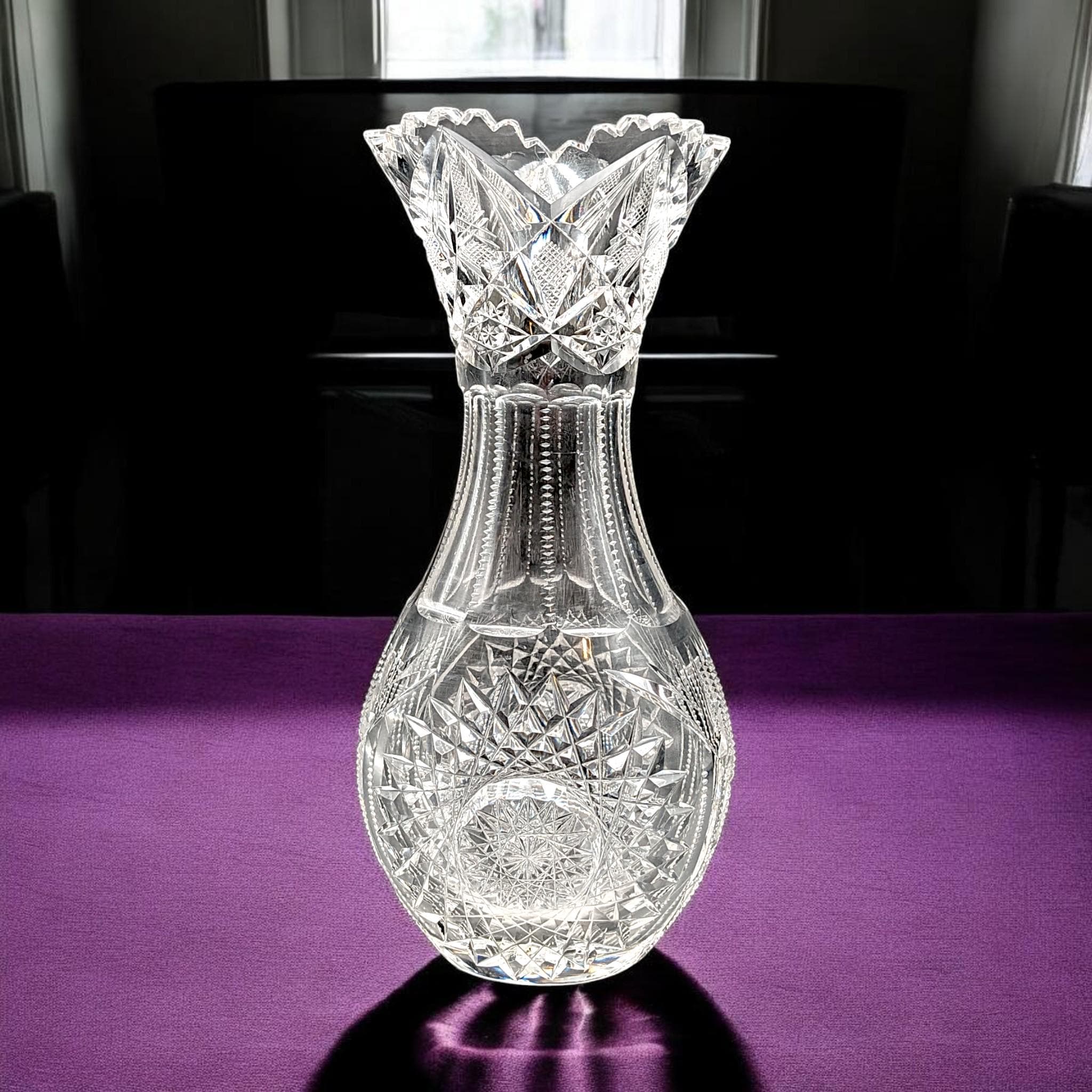 Antique American Brillant Period Vase Heavy Clear-cut Glass Diamond Cut ...