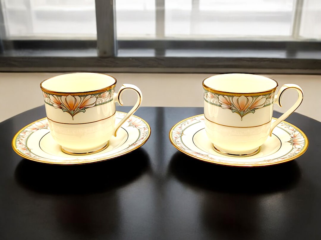Set of 2 Noritake Barrymore Cups and Saucers Bone China 9737 Pattern Cream Color Gold Edge ...