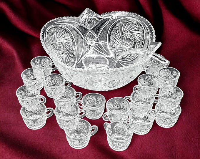 Vintage Aztec Punch Bowl Set: Mckee LE Smith, Crystal Ladle & 18 Cups ...