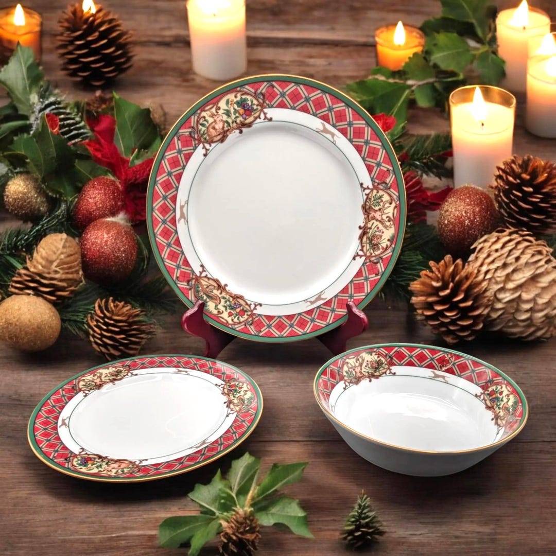 Noritake Royal Hunt Dinnerware: 3-piece Plate and Bowl Set, Green Band ...